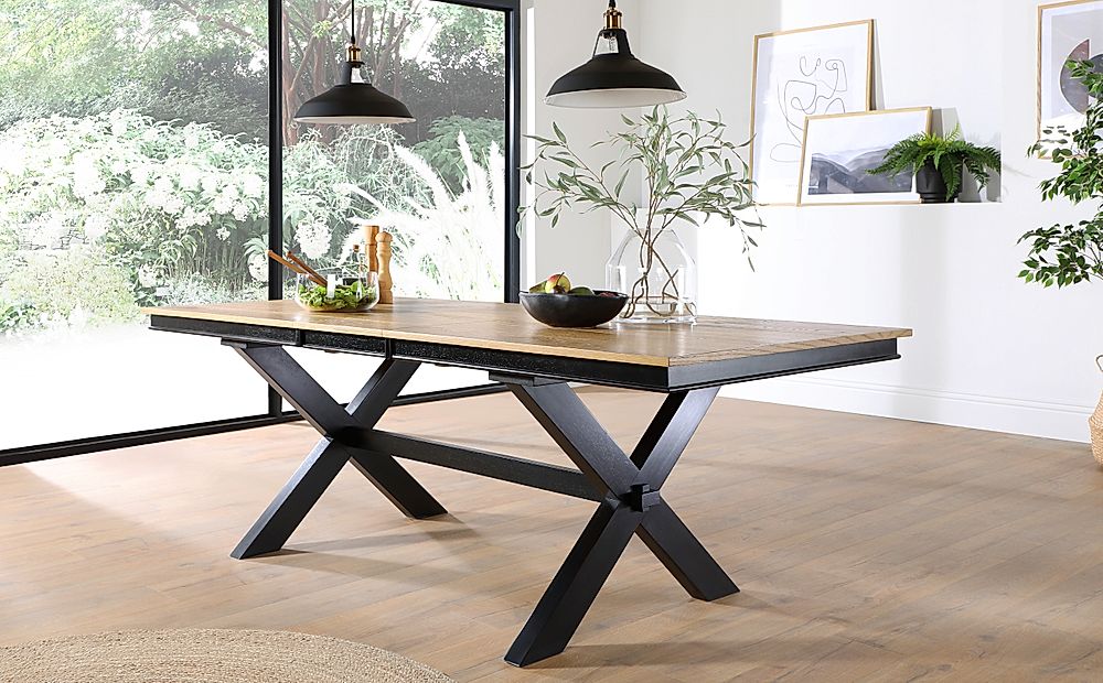 Grange Extending Dining Table 8 Brooklyn Chairs Natural Oak Veneer Black Solid Hardwood Tan Premium Faux Leather Black Steel 180 220cm