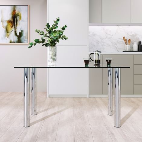Lunar Dining Table 4 Leon Chairs Glass Chrome Black Premium Faux Leather 140cm